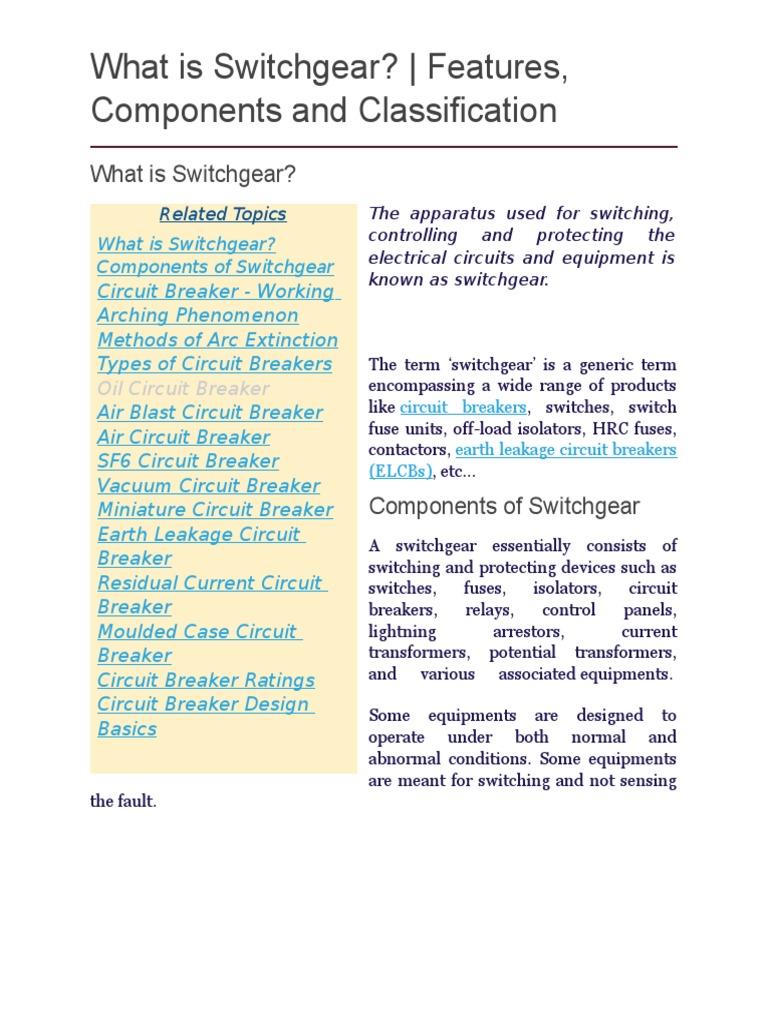 What Is Switchgear? - Features, Components and Classification | PDF ...