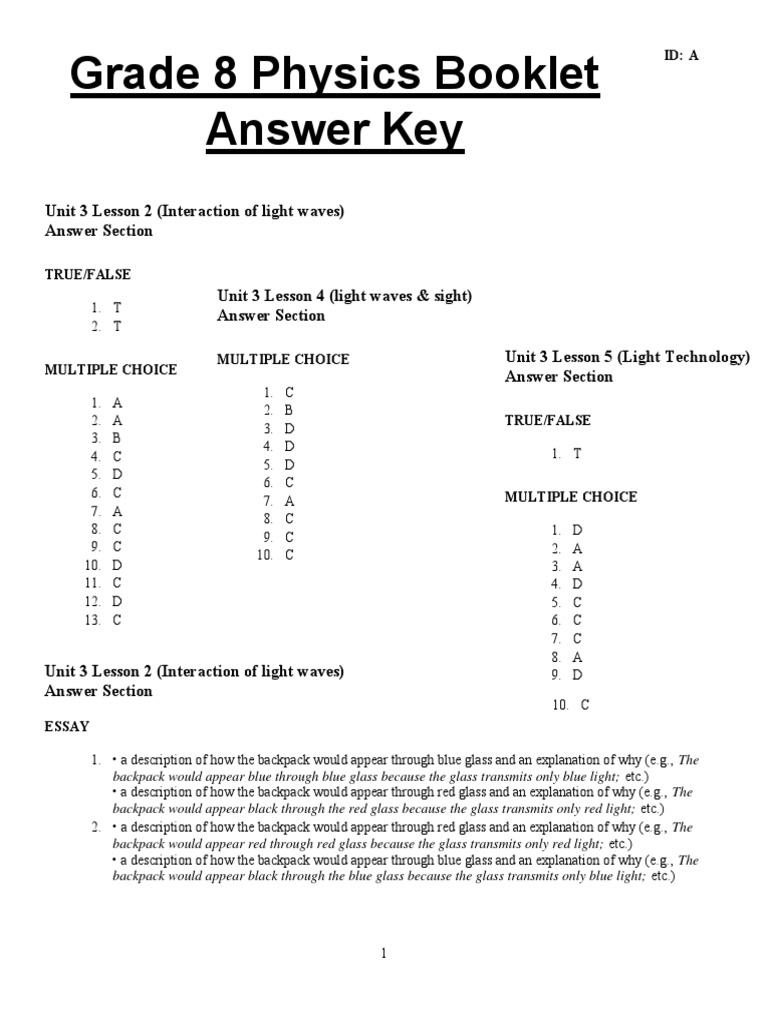 Grade 8 Physics Booklet Answer Key: Unit 3 Lesson 2 (Interaction of ...