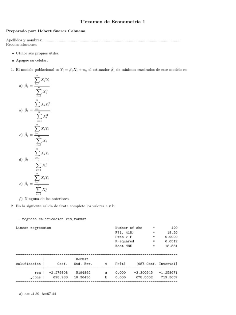 Examen de Econometría | PDF | Mínimos cuadrados ordinarios | Análisis estadístico
