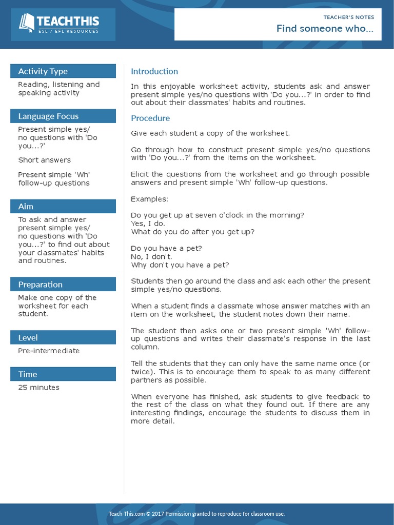 Find Someone Who Present Simple PDF | PDF | English As A Second Or ...