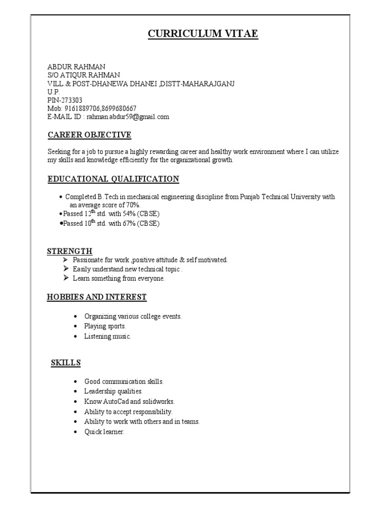Curriculum Vitae: Career Objective | PDF