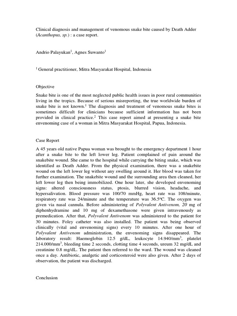 Polyvalent Antivenom Administration, The Envenoming Signs Disappeared ...