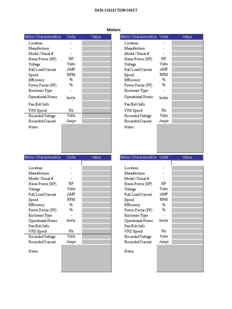 Motor Data Collection Template | PDF | Horsepower | Electromagnetism