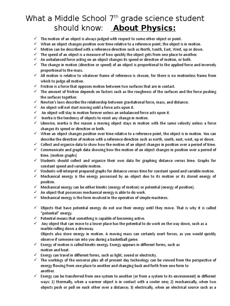7th Grade Physics Concepts Explained | PDF | Force | Inertia