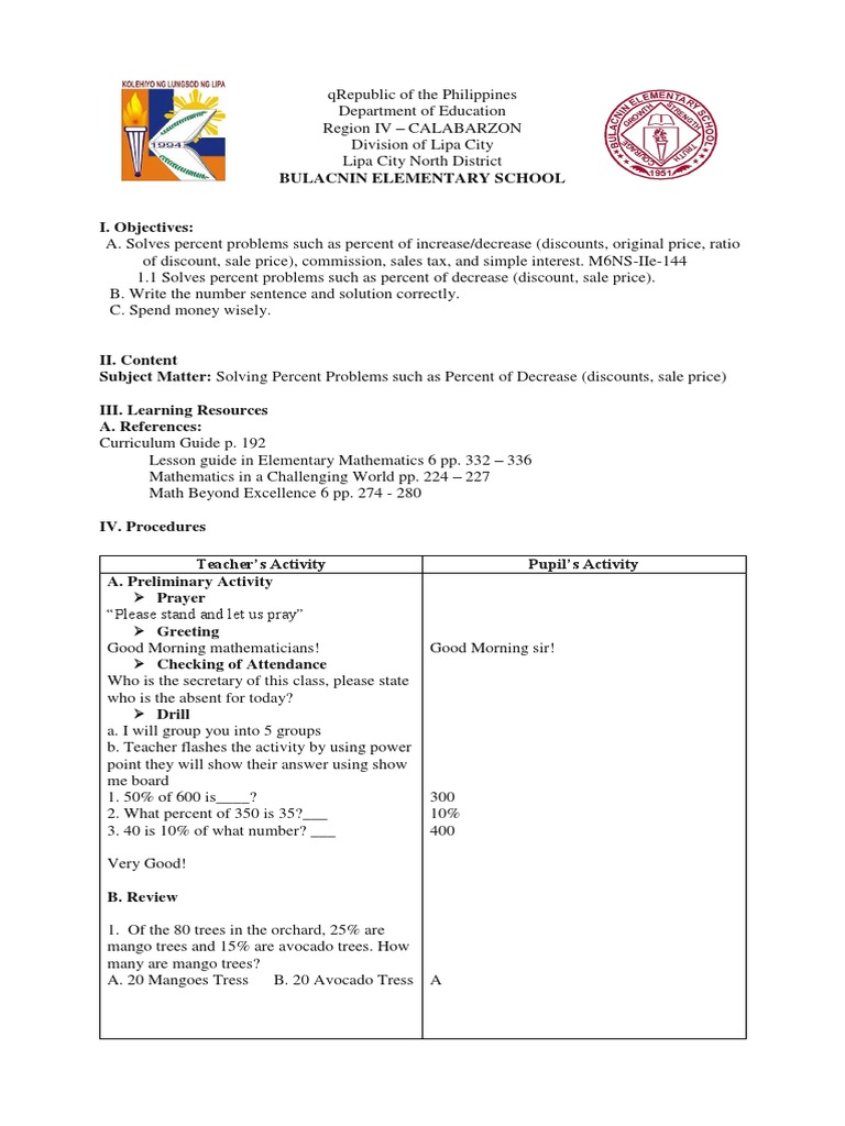 Grade 6 Lesson Plan: Discounts & Percentages | PDF | Prices | Lesson Plan