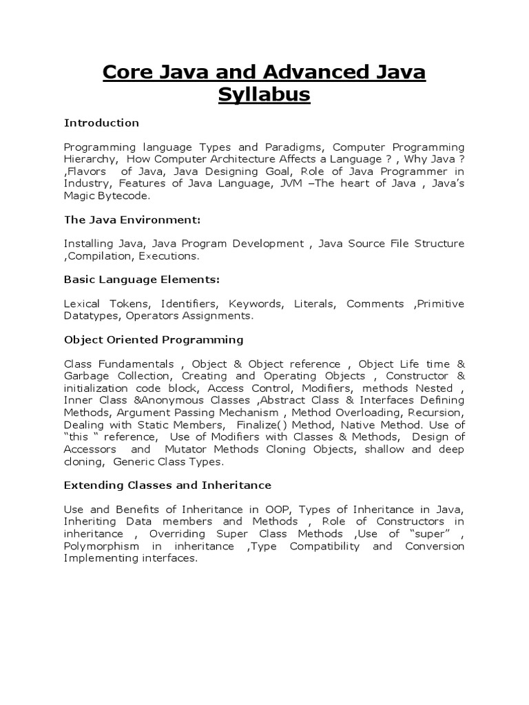 Core Java and Advanced Java Syllabus | PDF | Method (Computer Programming) | Java (Programming ...