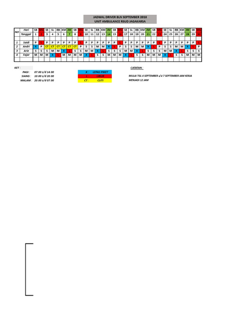 Jadwal Driver BLN September 2018 Unit Ambulance Rsud Jagakarsa | PDF