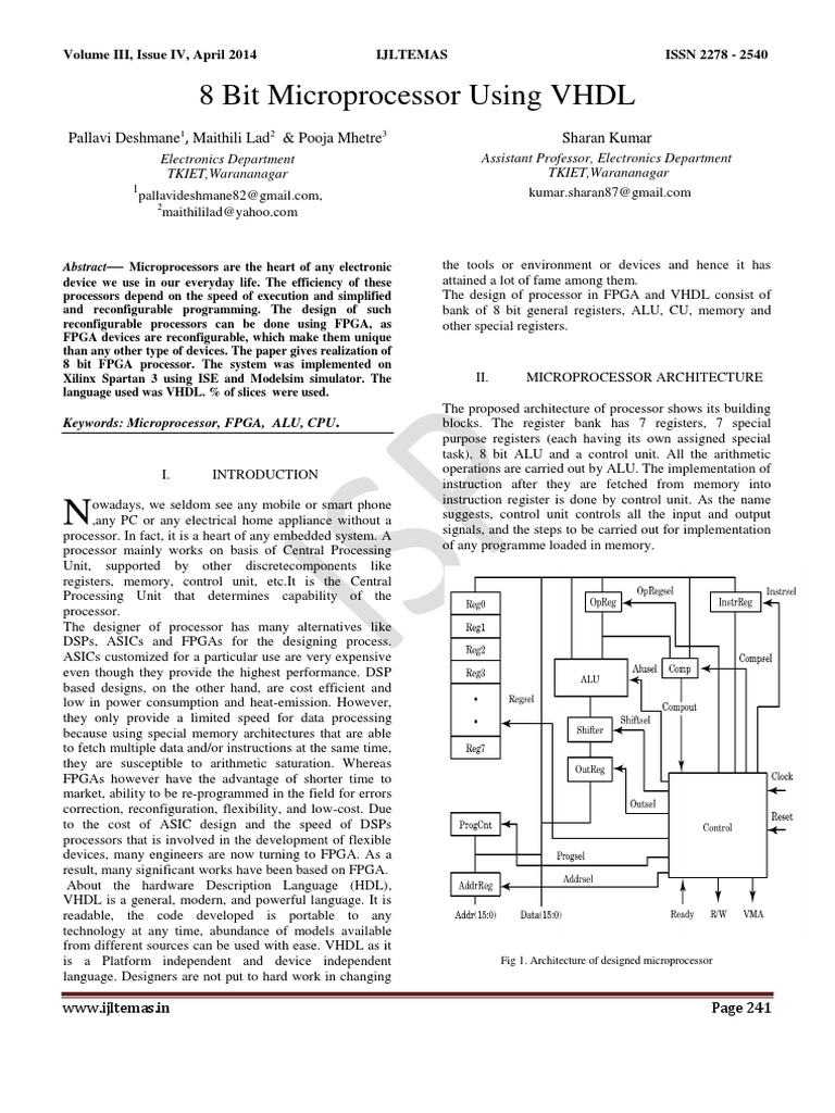 8 Bit Microprocessor Using VHDL: Pallavi Deshmane, Maithili Lad & Pooja Mhetre Sharan Kumar ...