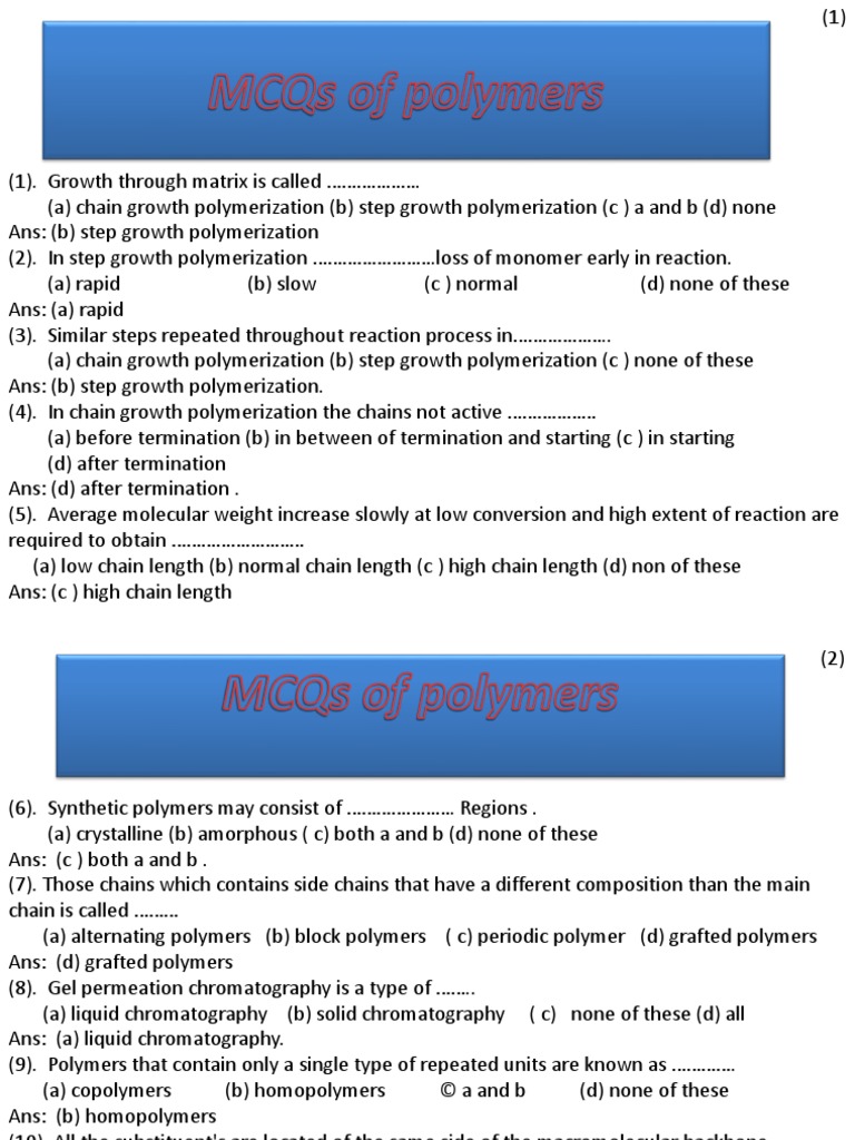 MCQs of Polymers | PDF | Polymerization | Polymers