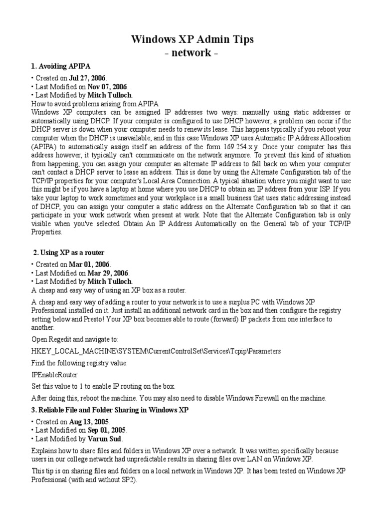 Windows XP Admin Tips | PDF | Operating System Families | Ip Address