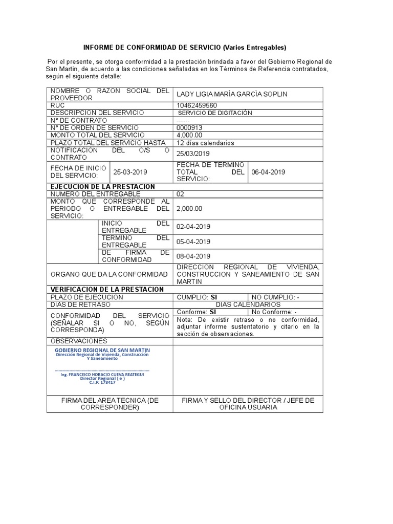 Informe de Conformidad Segundo Entregable | PDF