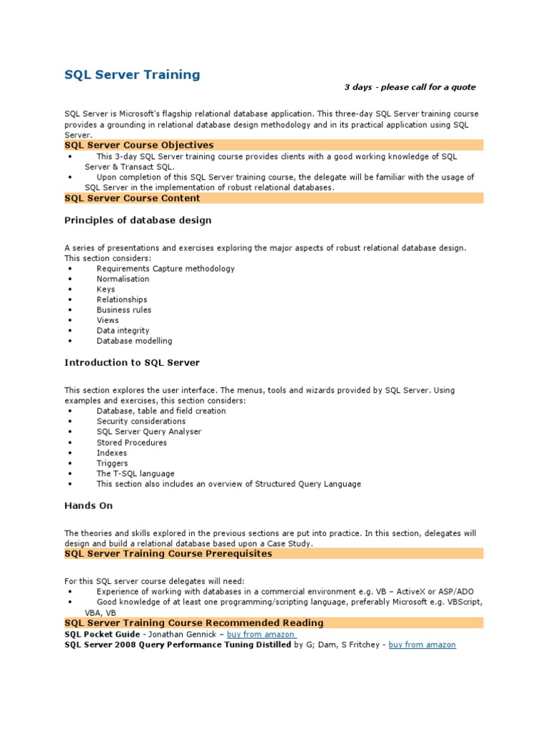 Sql Server Training Pdf Business Technology Engineering