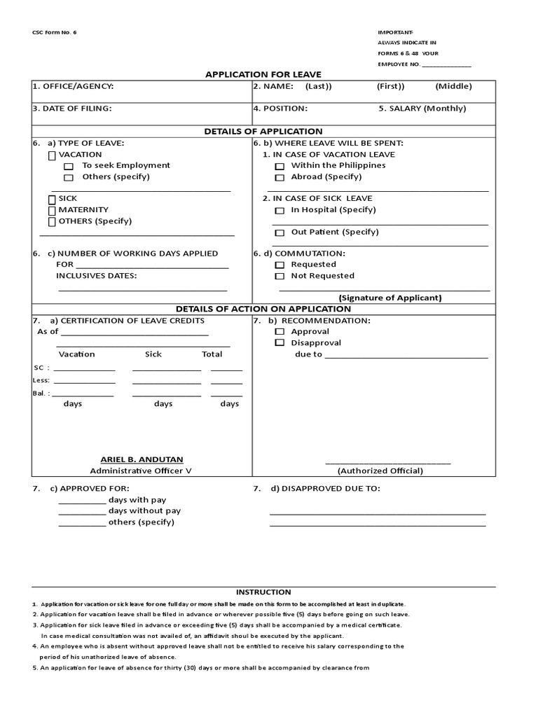 Application For Leave: (Signature of Applicant) | PDF | Leave Of ...