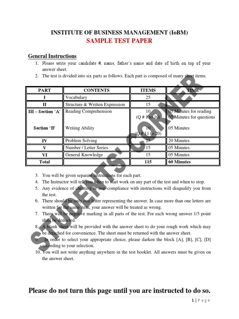 Institute of Business Management (Iobm) : Sample Test Paper | PDF