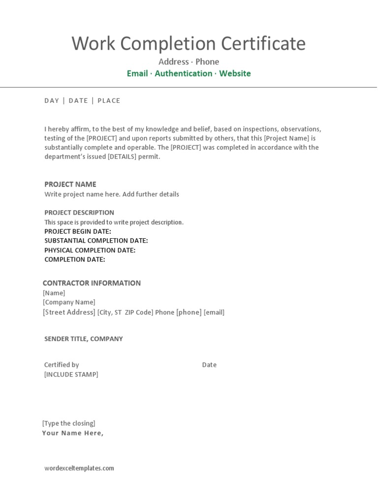 Work Completion Certificate Template | PDF