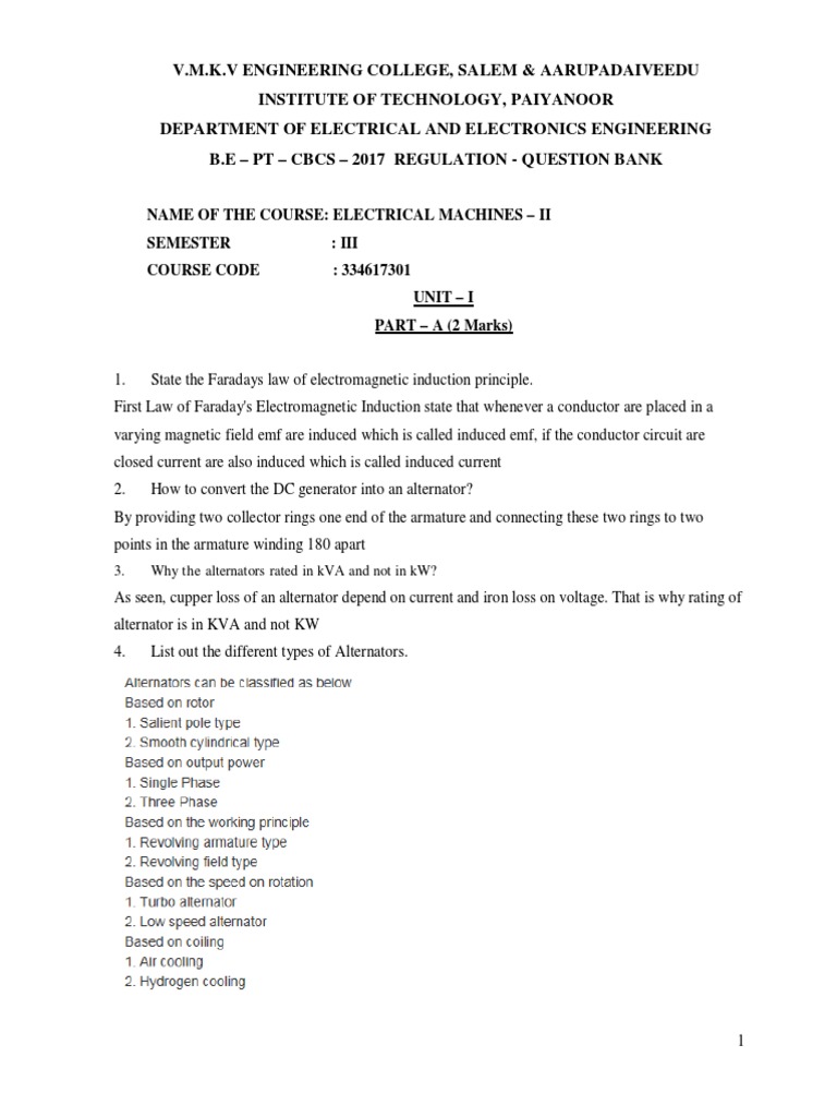 Electrical Machines II Question Bank | PDF | Electric Motor ...