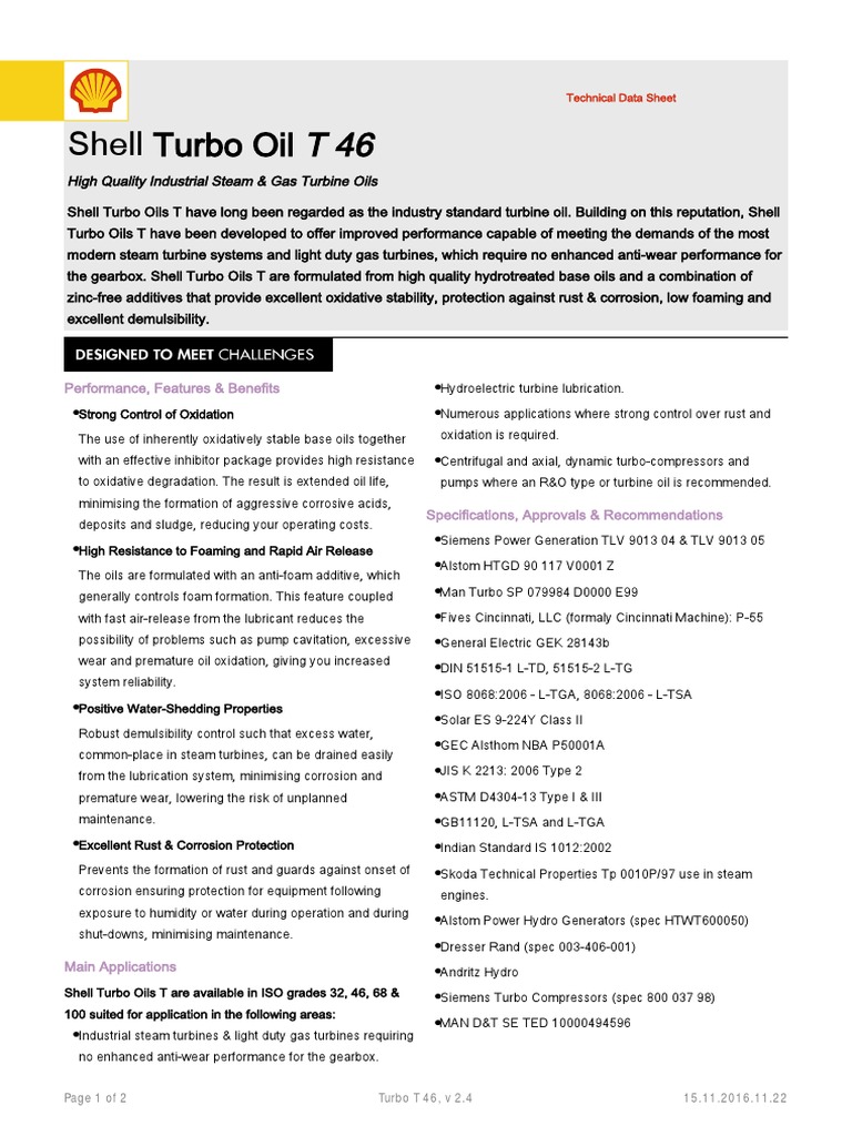 Shell Turbo T 46 | PDF | Motor Oil | Gas Turbine