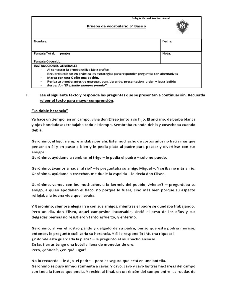 Prueba de Vocabulario 5° | PDF | Narrativa