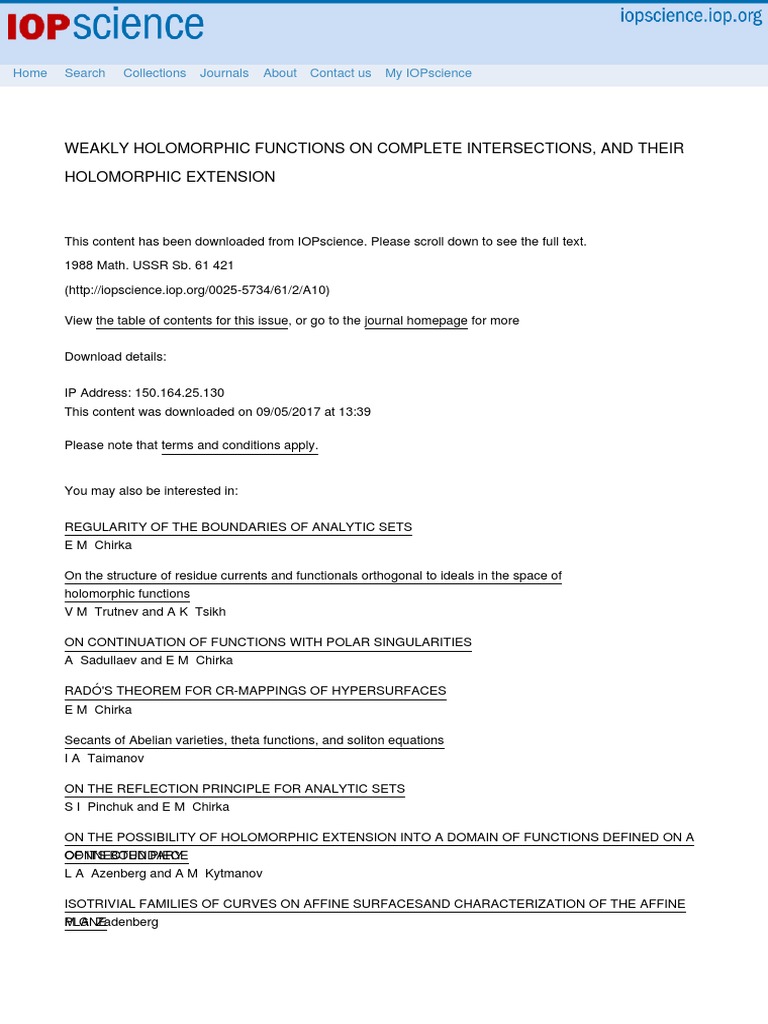 Weakly Holomorphic Functions On Complete Interctions and Their Holomorpphic Extension | PDF ...
