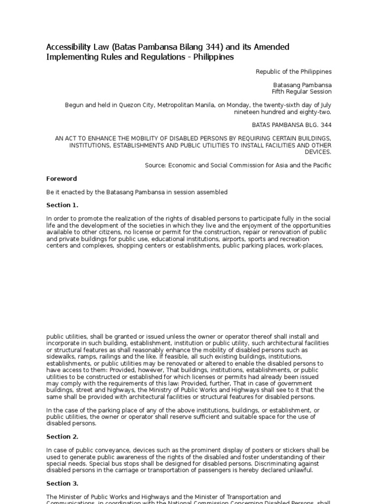 Accessibility Law (Batas Pambansa Bilang 344) and Its Amended ...