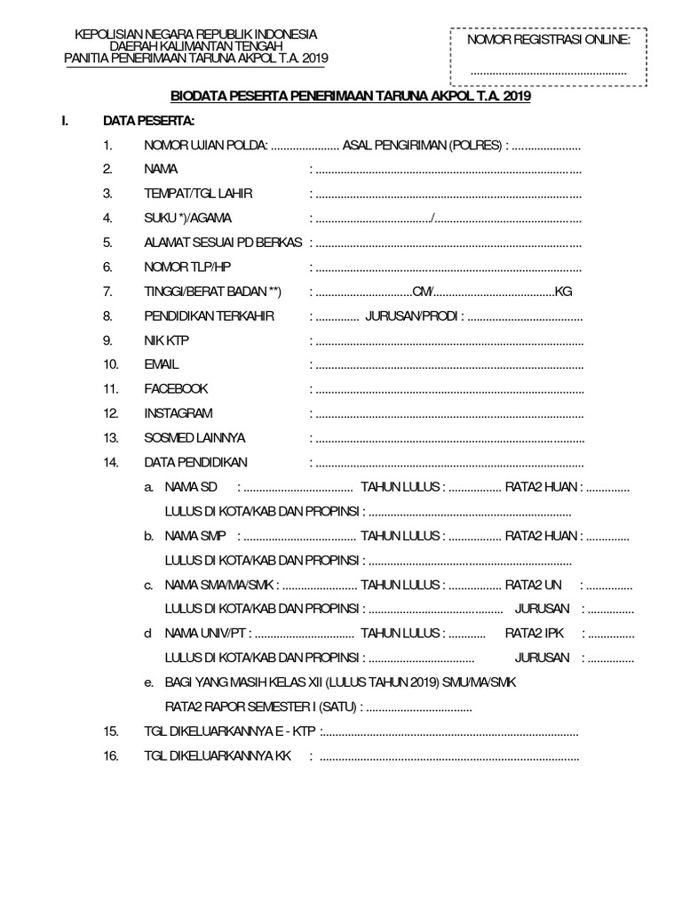 Blangko Bio Data Rim Akpol Polri T.A. 2019 Data | PDF
