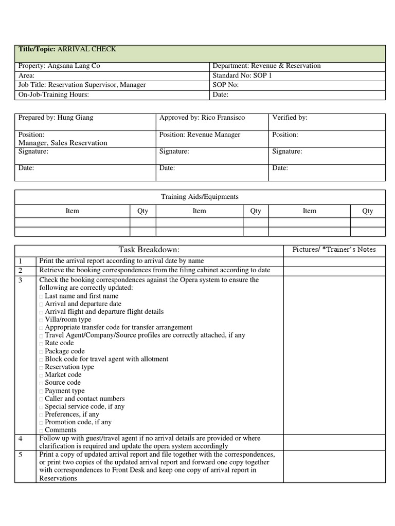 II.1. SOP Template - Arrival Checks | PDF