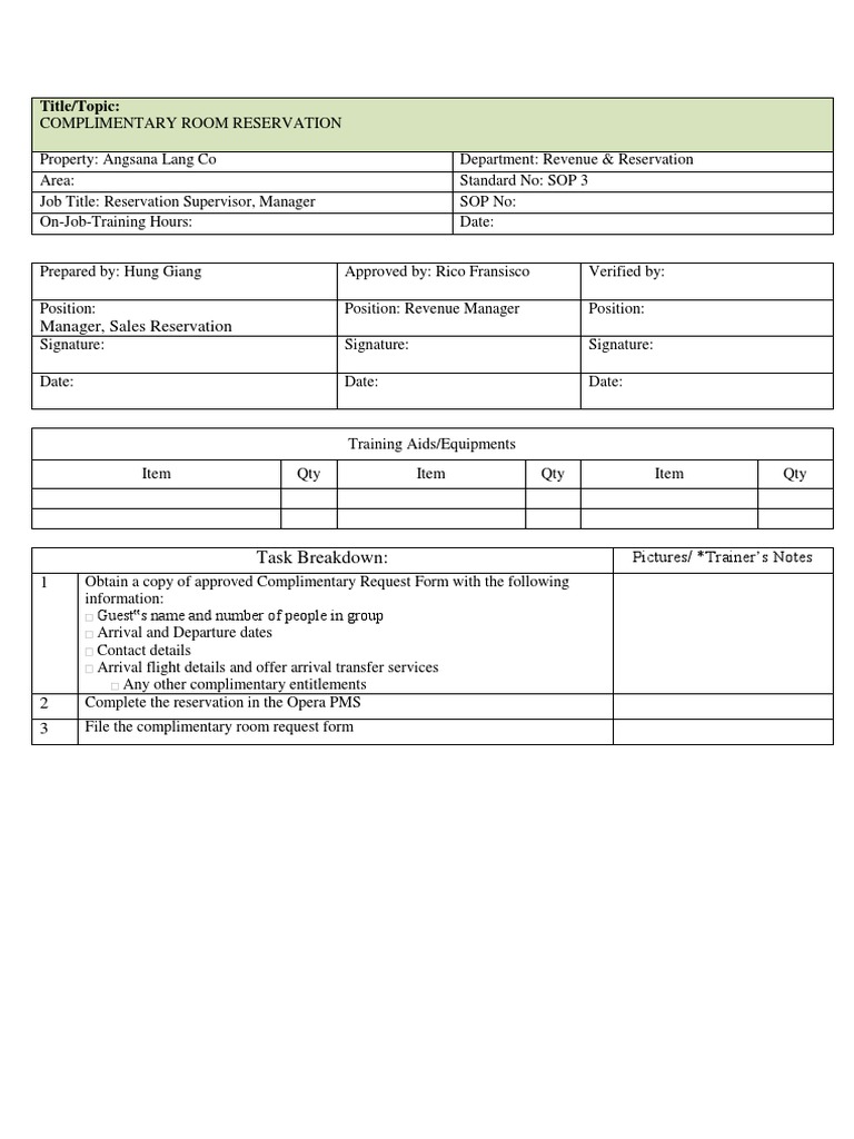 SOP Template - Complimentary Room Reservation | PDF