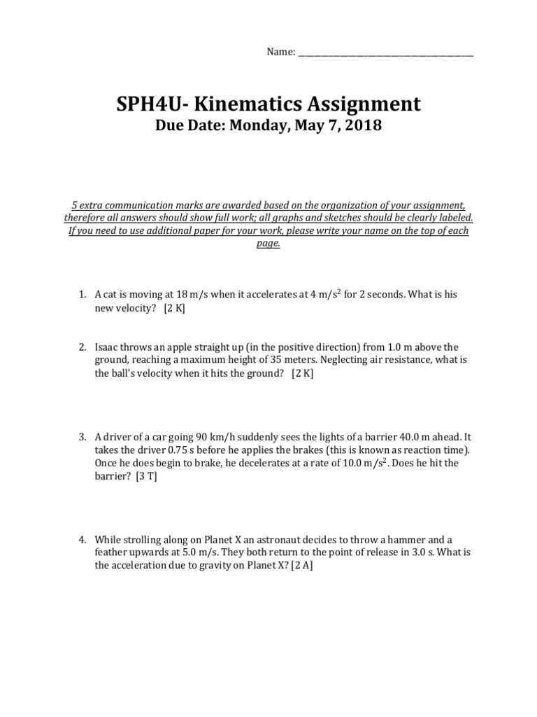 SPH4U Assignment 1 PDF | PDF | Velocity | Acceleration