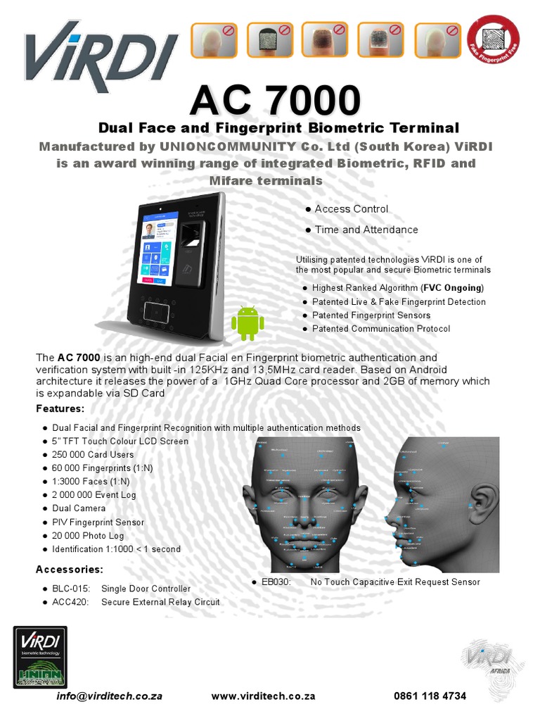 ViRDI AC 7000 Biometric Terminal Overview | PDF | Fingerprint | Biometrics