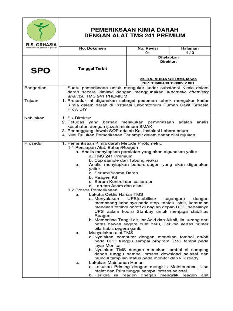 Prosedur Pemeriksaan Kimia Darah Menggunakan Alat TMS 241 Premium | PDF