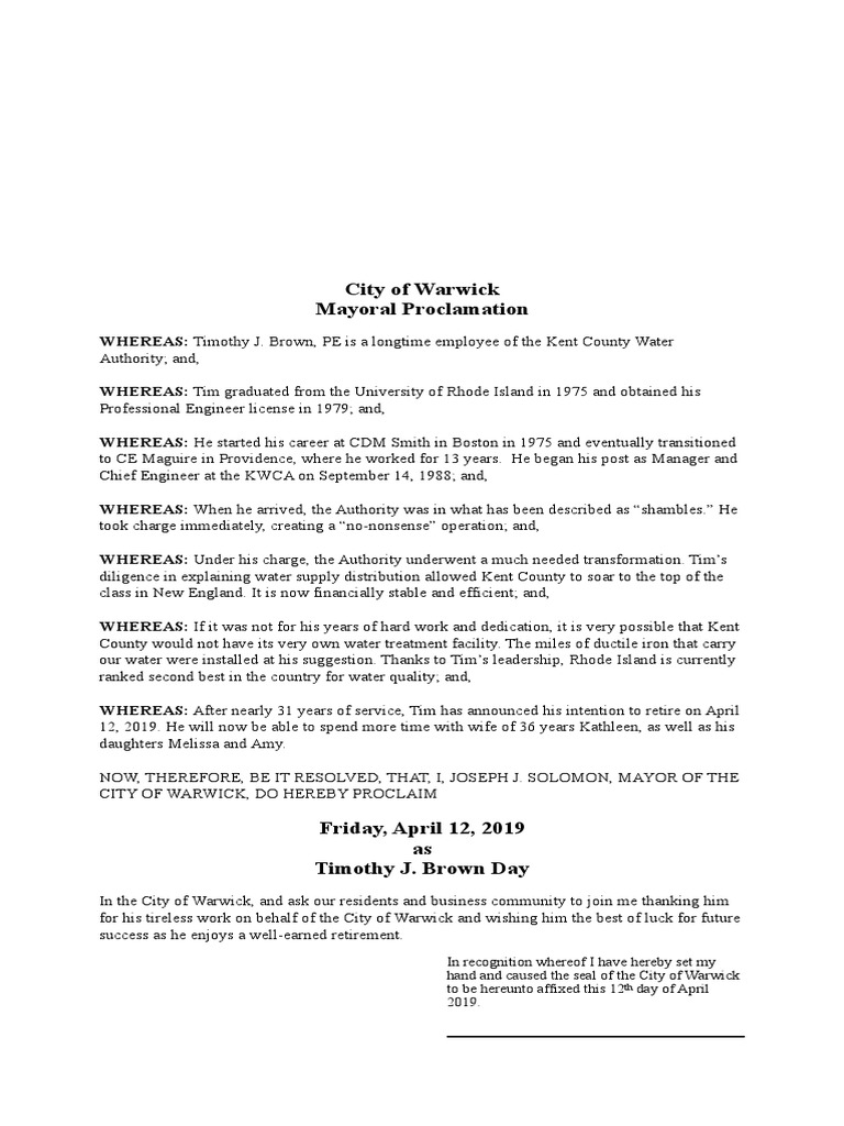 Timothy J Brown Proclamation | PDF
