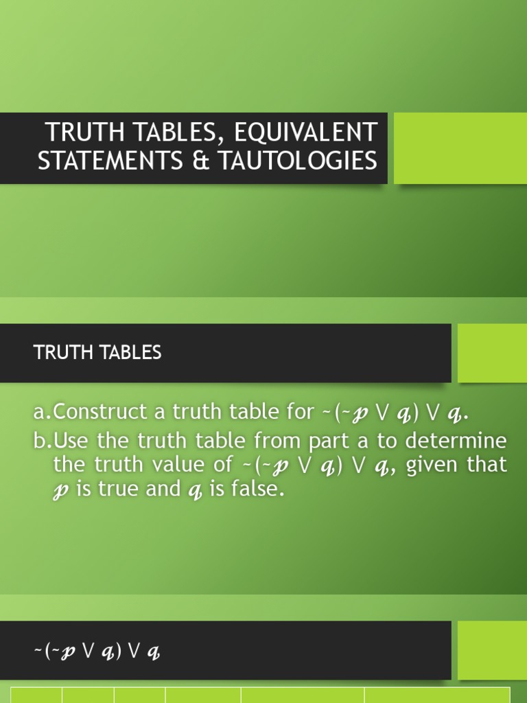 Truth Tables Equivalent Statements Tautologies PDF | PDF | If And Only If | Logical Truth