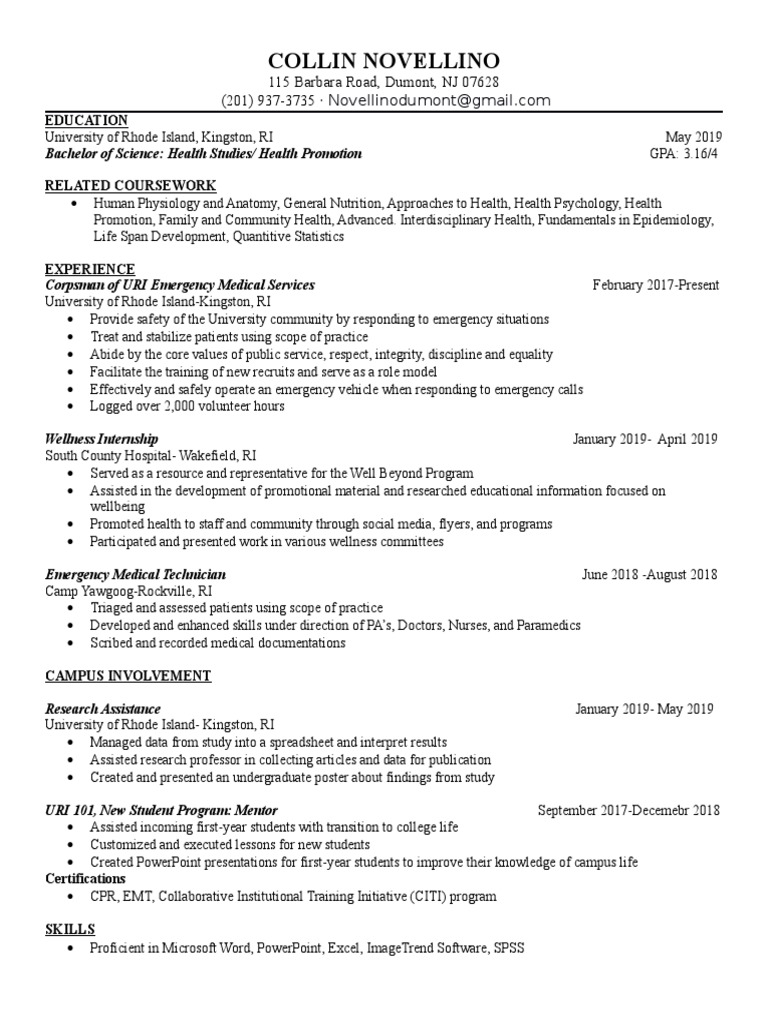 Collin Novellino Resume | PDF | Emergency Medical Technician | Medicine