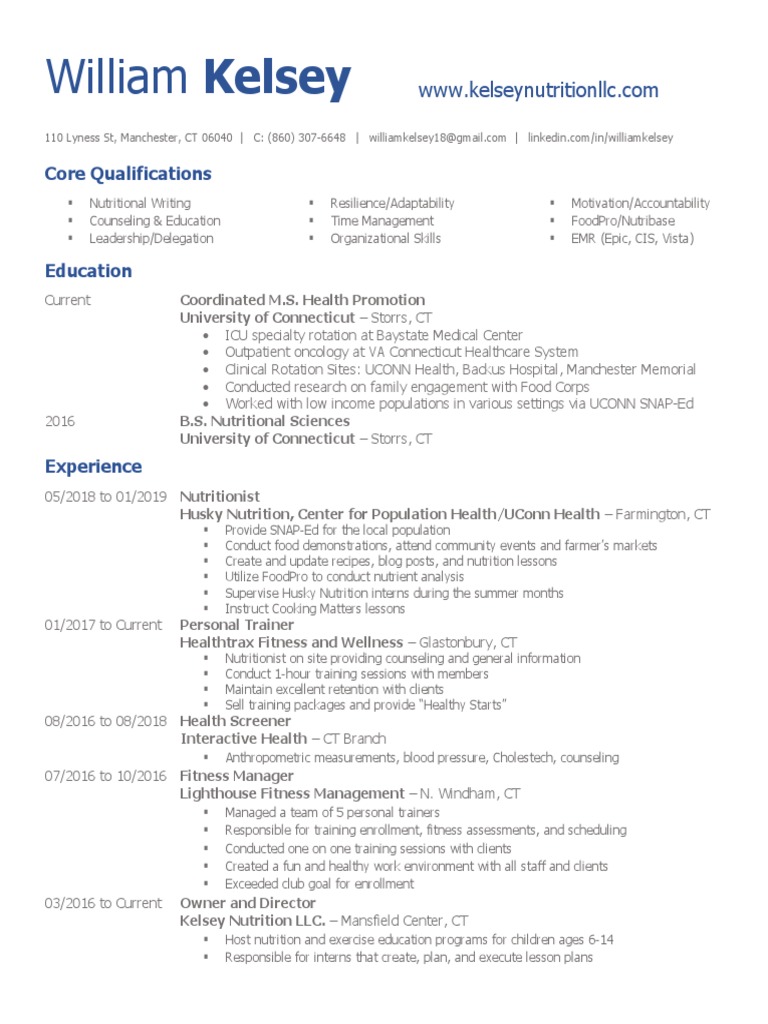 William Kelsey Dietetic Resume | PDF | University Of Connecticut ...