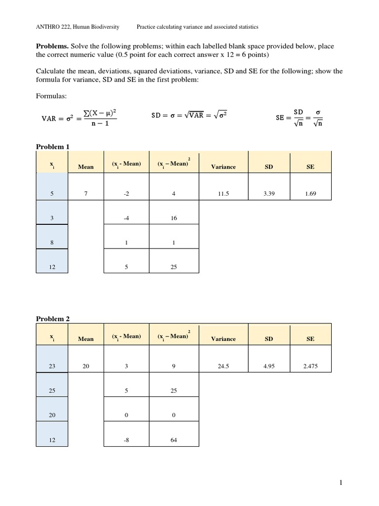 Practice Calculating Variance and Associated Statistics | PDF ...