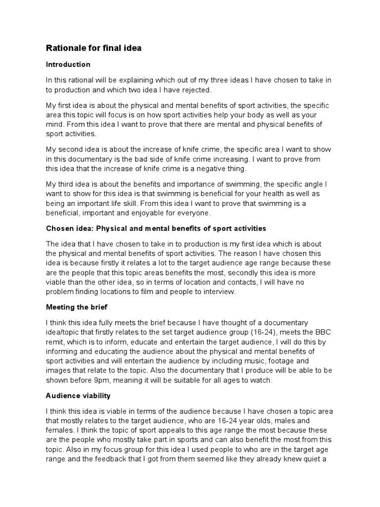 Rationale For Final Idea | PDF | Idea | Filmmaking