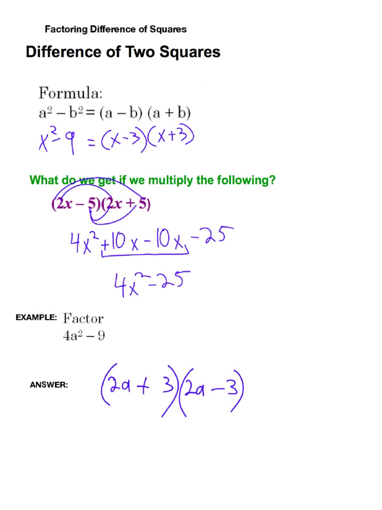 Factoring Difference of Squares Guide | PDF