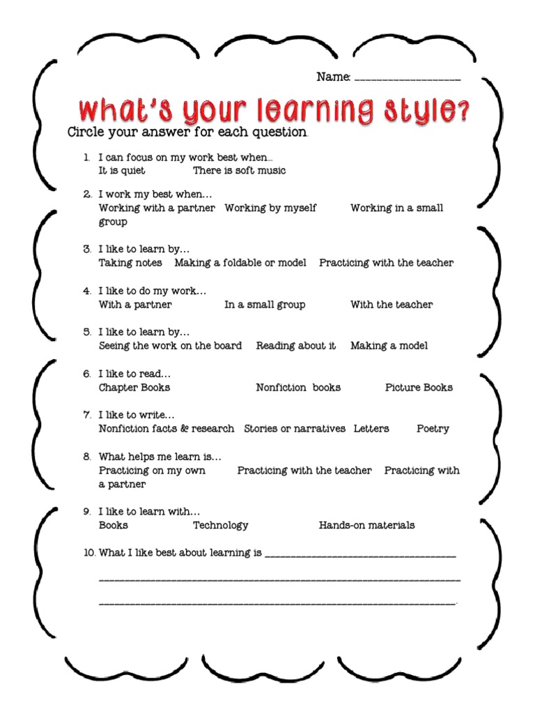 Learning Style Questionnaire Template | PDF