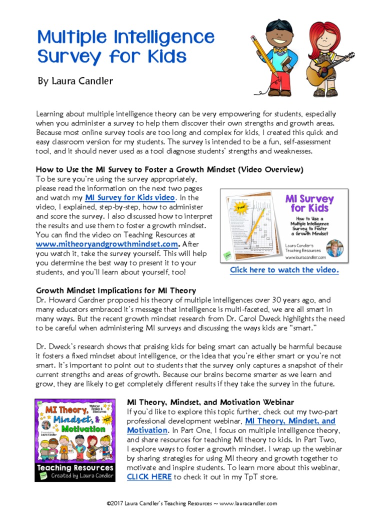 Multiple Intelligence Survey For Kids: by Laura Candler | PDF | Mindset ...