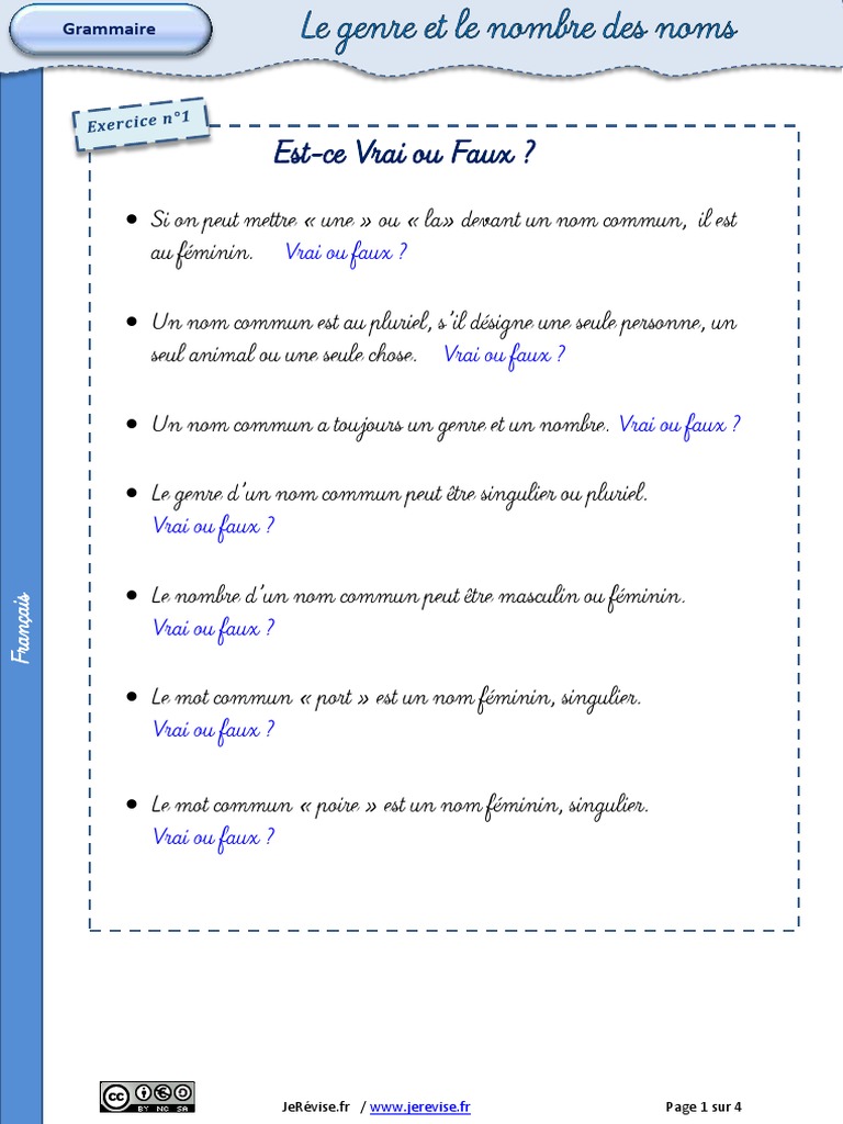 Exercices Nom Genre Nombre PDF | PDF | Nom (grammaire) | Genre grammatical