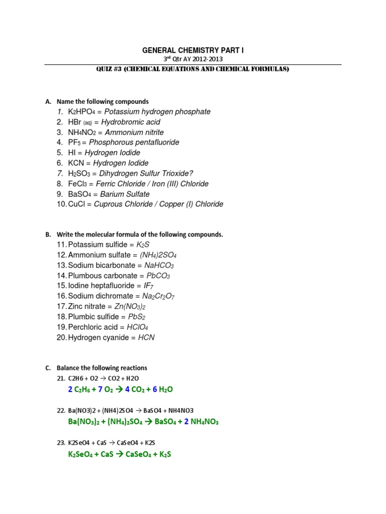 Chemical Equations & Formulas Quiz | PDF | Chlorine | Metallic Elements
