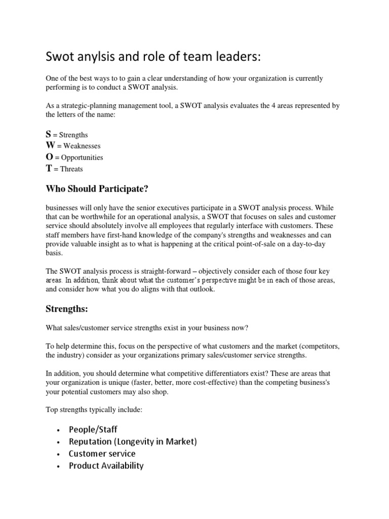 Swot Anylsis and Role of Team Leaders | PDF | Swot Analysis | Sales