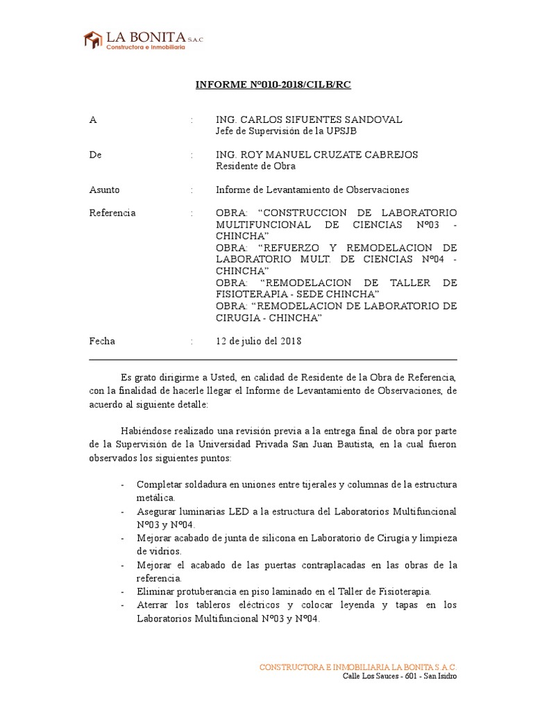 INFORME DE LEVANTAMIENTO DE OBSERVACIONES.doc | Naturaleza