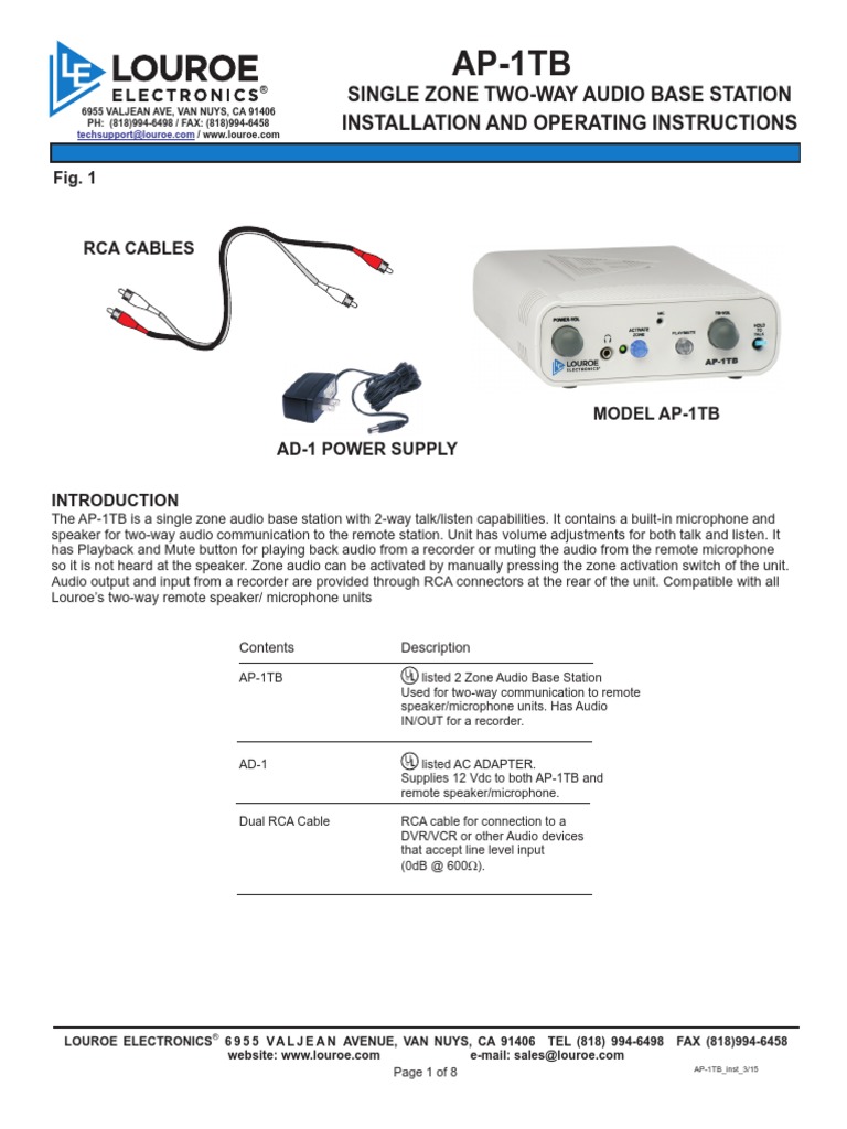 AP-1TB: Single Zone Two-Way Audio Base Station Installation and ...