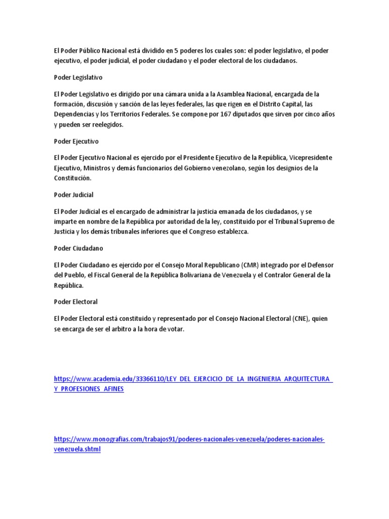 El Poder Público Nacional Está Dividido en 5 Poderes Los Cuales Son | PDF