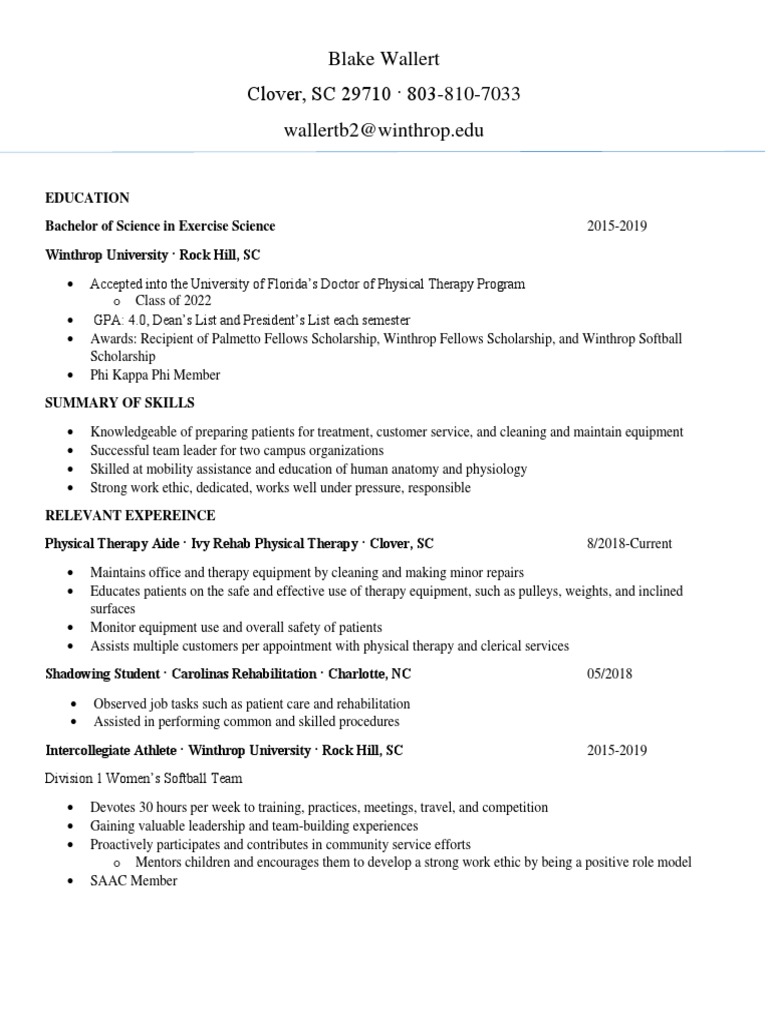Blake Wallert: Exercise Science Graduate | PDF