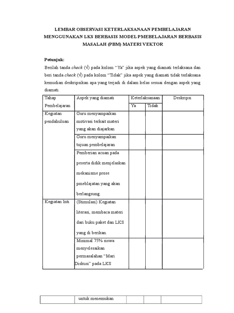 Lembar Observasi Keterlaksanaan Pembelajaran Menggunakan LKS Berbasis Model Pmebelajaran ...