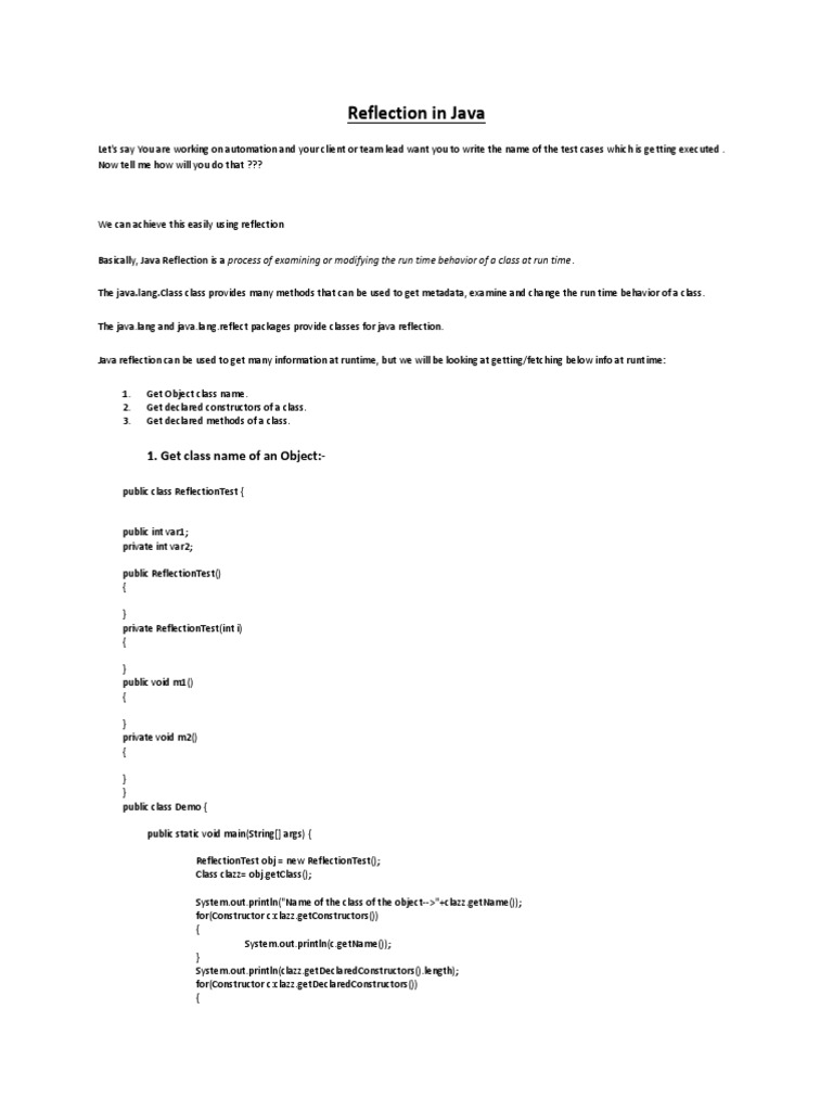 Reflection In Java 1 Get Class Name Of An Object Pdf Class Computer Programming
