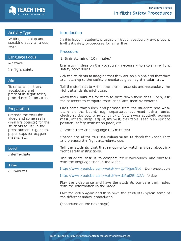 Flight Safety Procedures Lesson Plan English | PDF | Flight Attendant ...