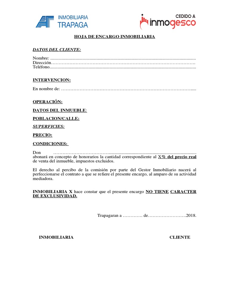 Modelo Hoja Encargo Inmobiliaria | PDF